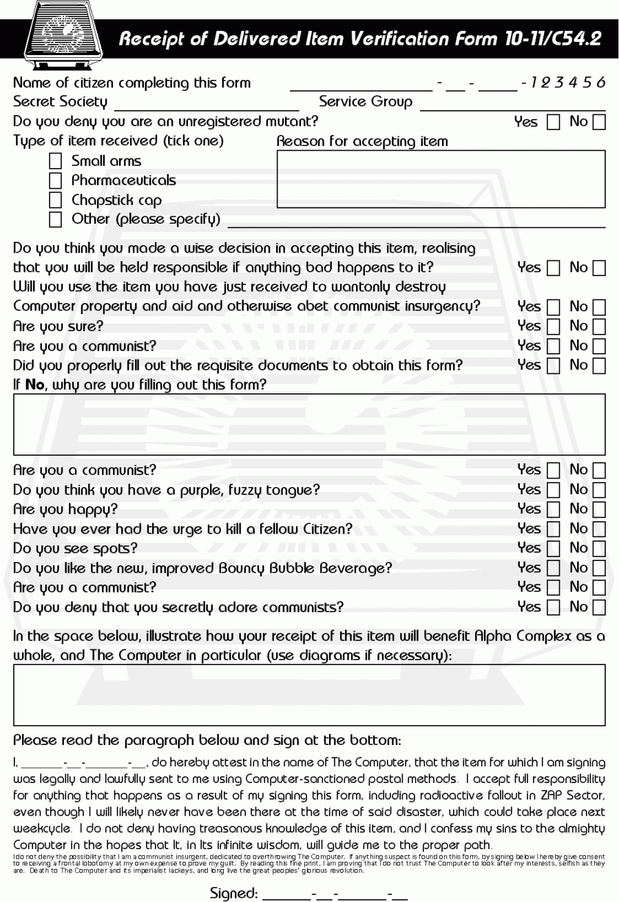 RPG Resources: Paranoia Paperwork – No Rerolls